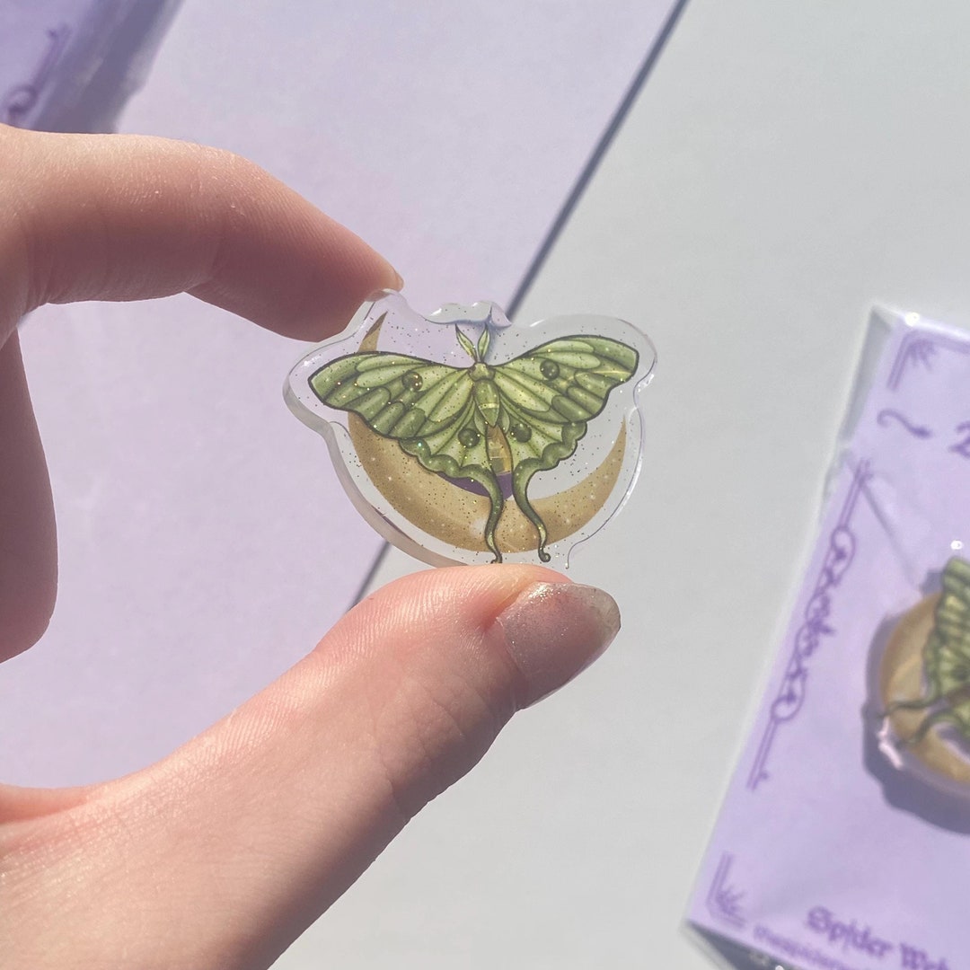 Mini Green Moth With Crescent Moon Pin - Sparkly Glitter Epoxy Acrylic ...