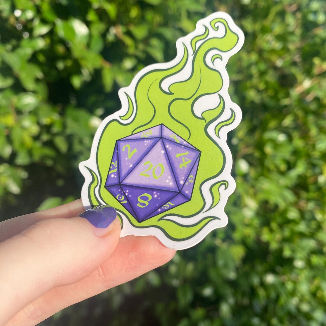 Flaming D20 Matte Vinyl Sticker - Purple and Green Dice Design ...