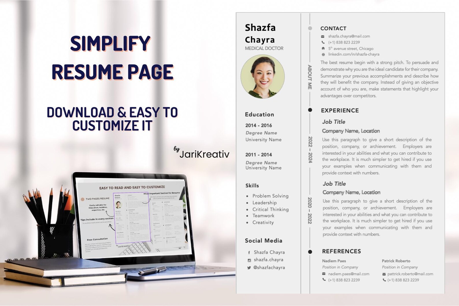 Clean Resume Template, CV for Professional, Resume With Application ...