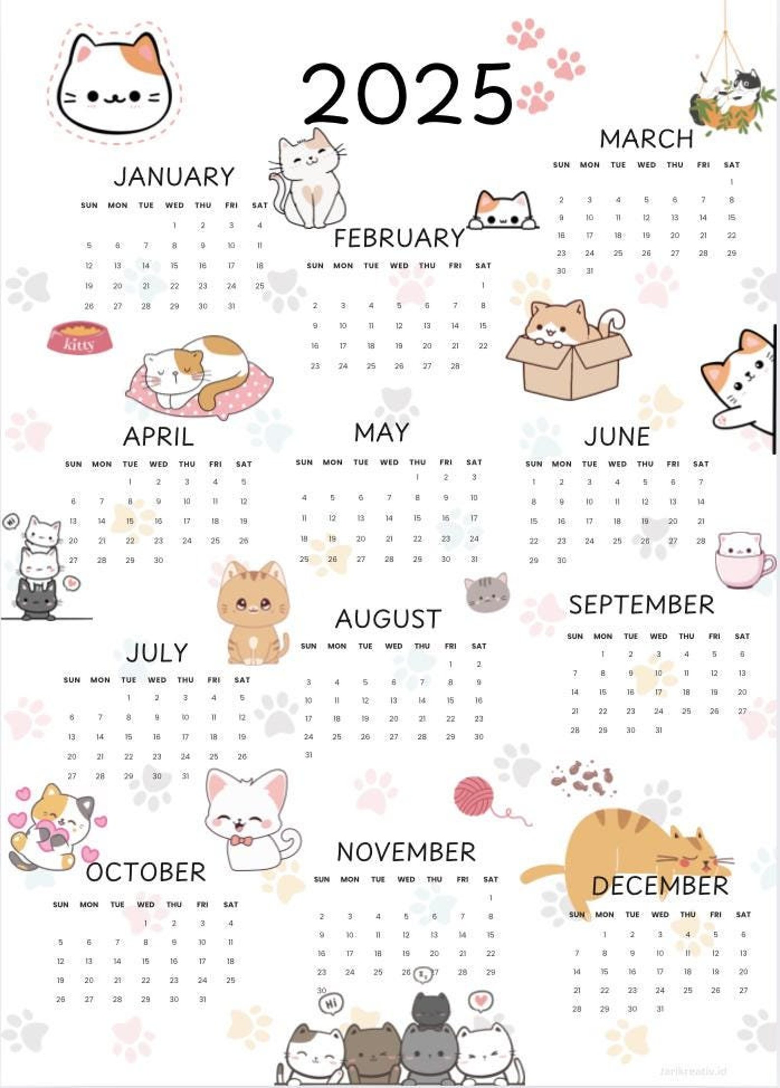 70's Calendar Printable, Cat Calendar 2025, Wall Calendar PDF, One Page ...