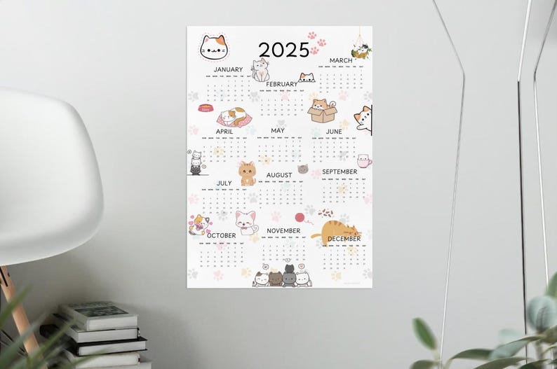 70's Calendar Printable, Cat Calendar 2025, Wall Calendar PDF, One Page ...
