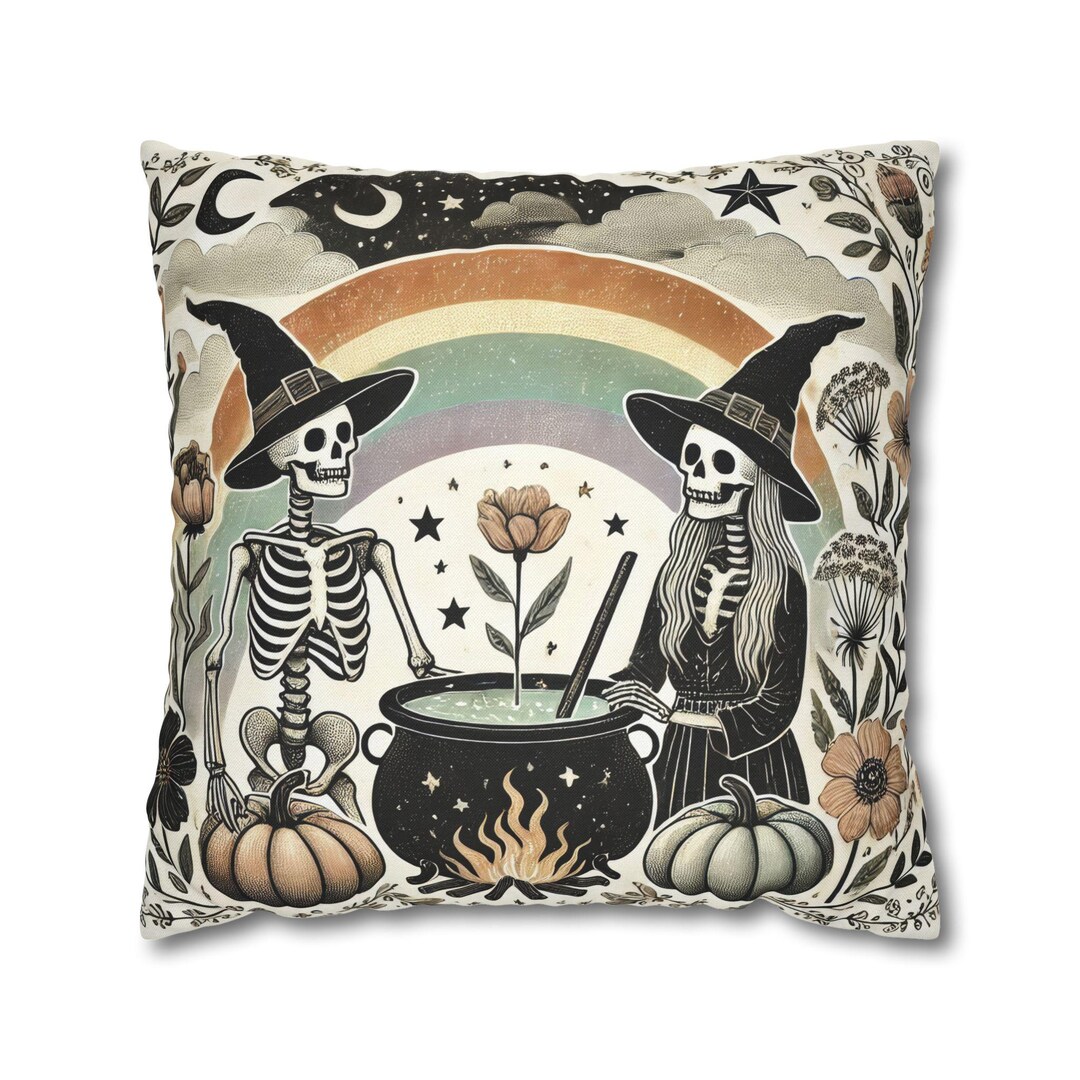 LGBTQ Halloween Witch Skeleton Throw Pillow, Rainbow Cauldron Spooky ...