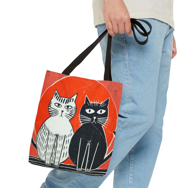 Vintage Cat Duo Tote Bag Retro Art Style With Black and White Cats Mid ...