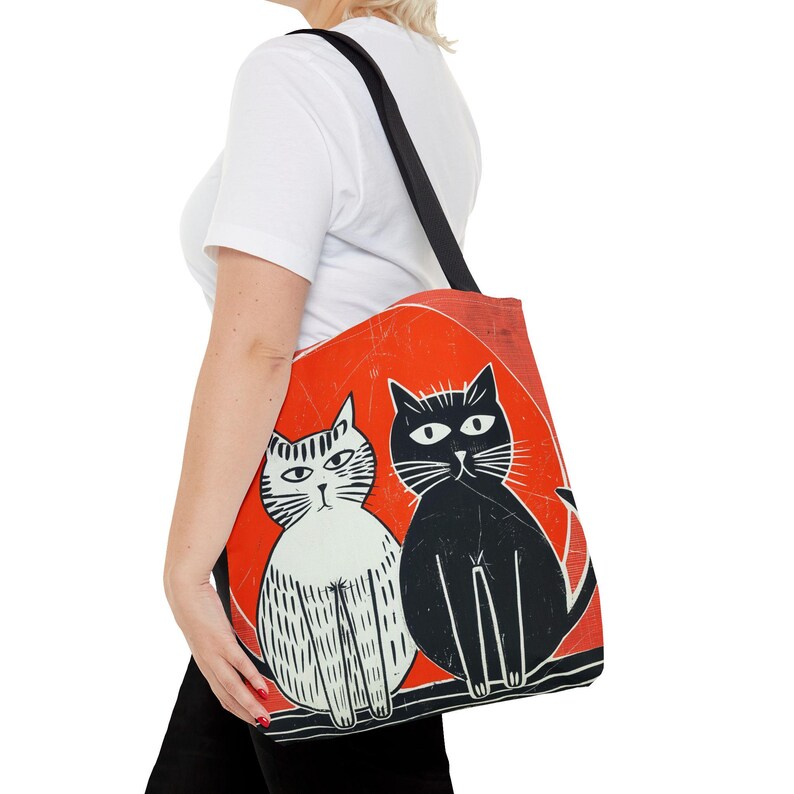Vintage Cat Duo Tote Bag Retro Art Style With Black and White Cats Mid ...