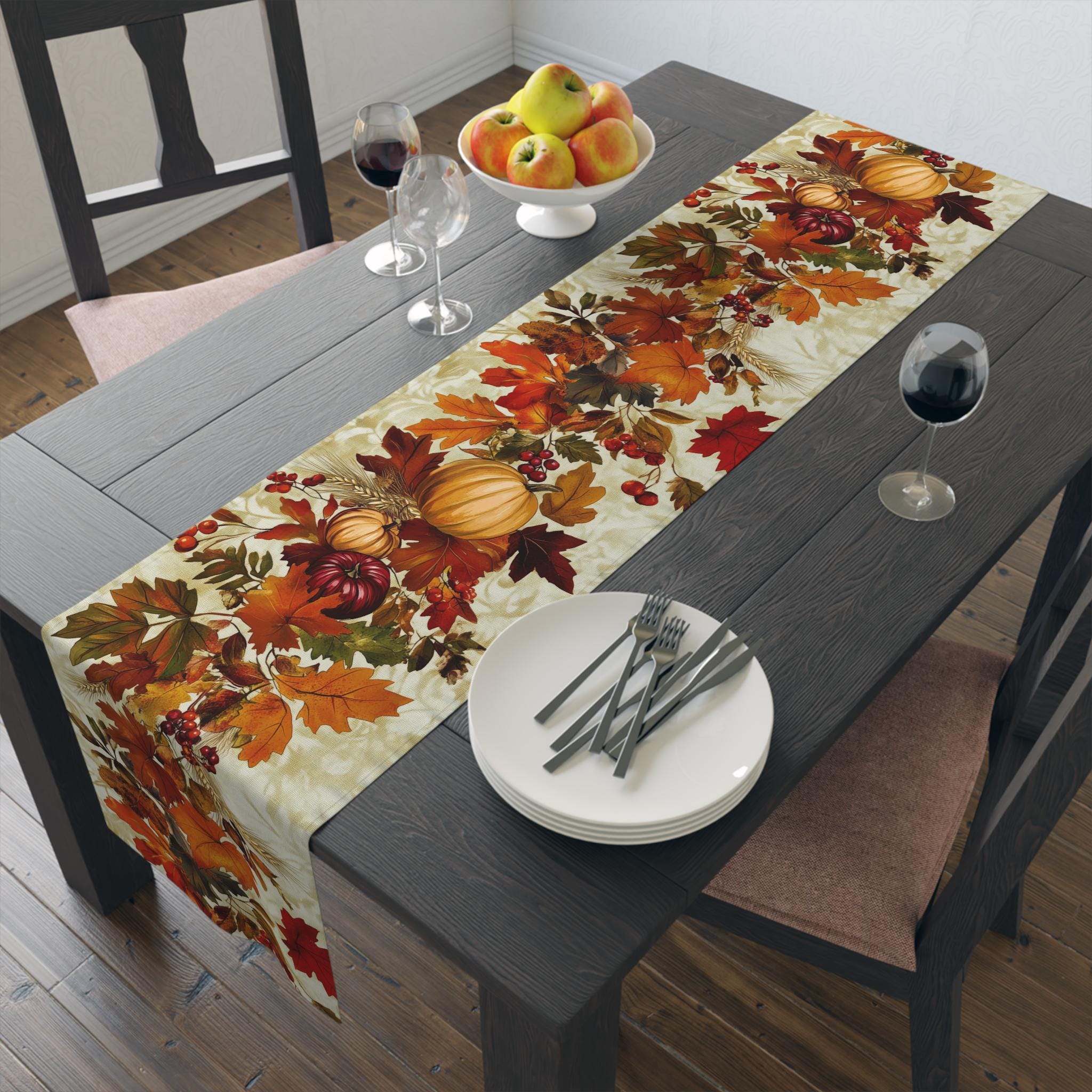 Autumn Table Runner With Fall Leaves & Pumpkin Pattern - Thanksgiving ...