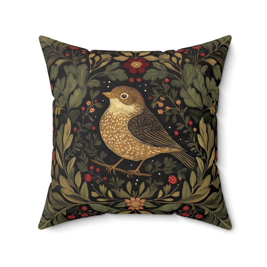 William Morris Inspired Robin Throw Pillow: Folk Art Design, Insert ...
