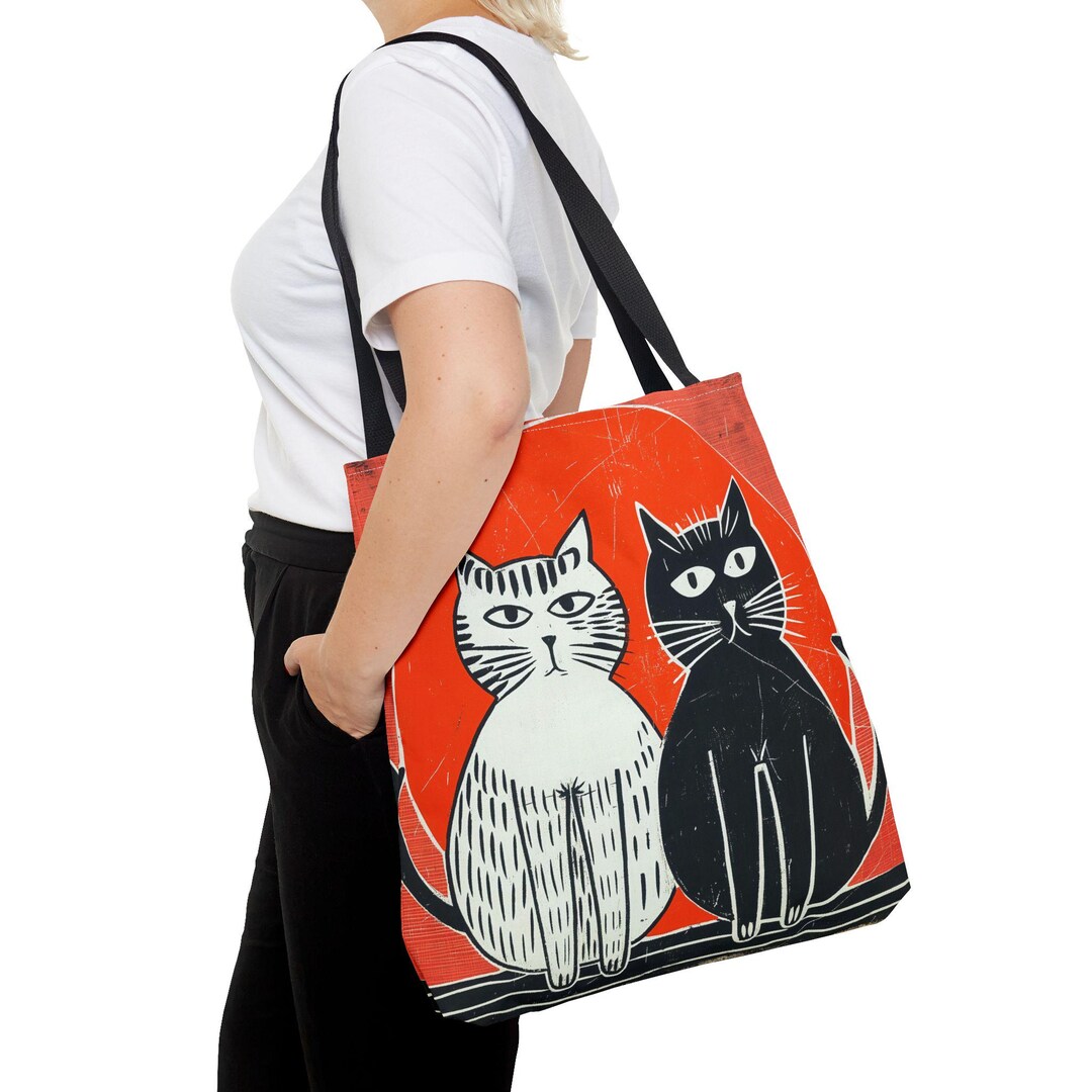 Vintage Cat Duo Tote Bag Retro Art Style With Black and White Cats Mid ...