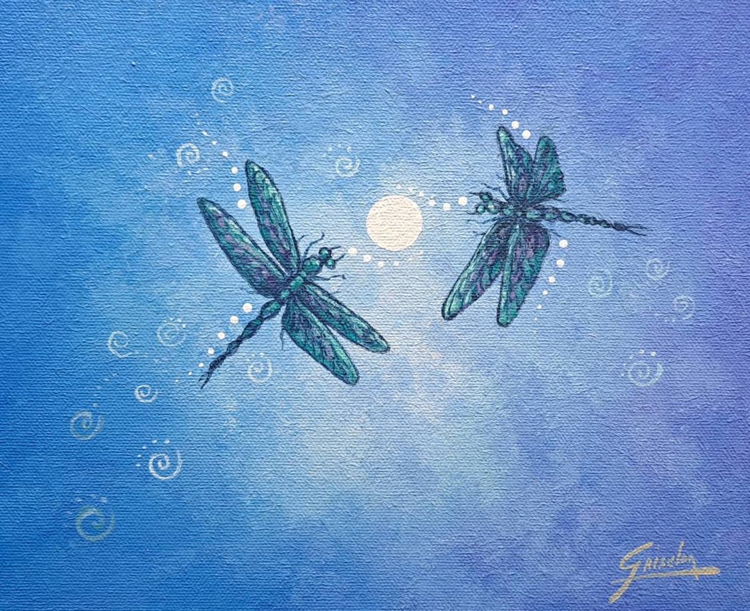 Moonlight, Dragonfly Spiral Dance, Canvas Panel, Original Art, Acrylic ...