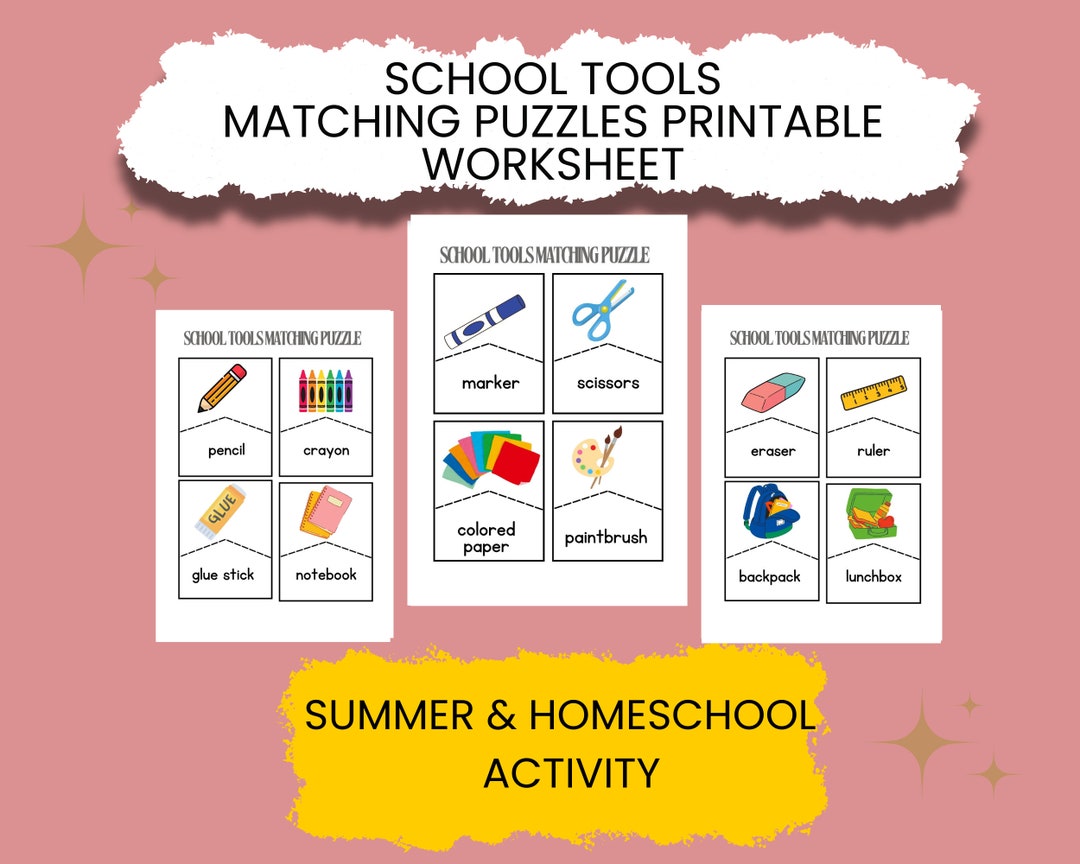 School Tools Matching Puzzle- Homeschool Learning Worksheet-summer ...