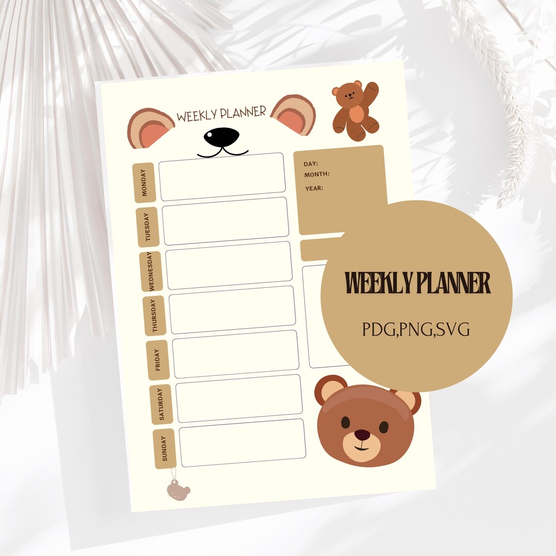 Teddy Bear Weekly Planner, A4 Printable (PDF, PNG, SVG) - Etsy