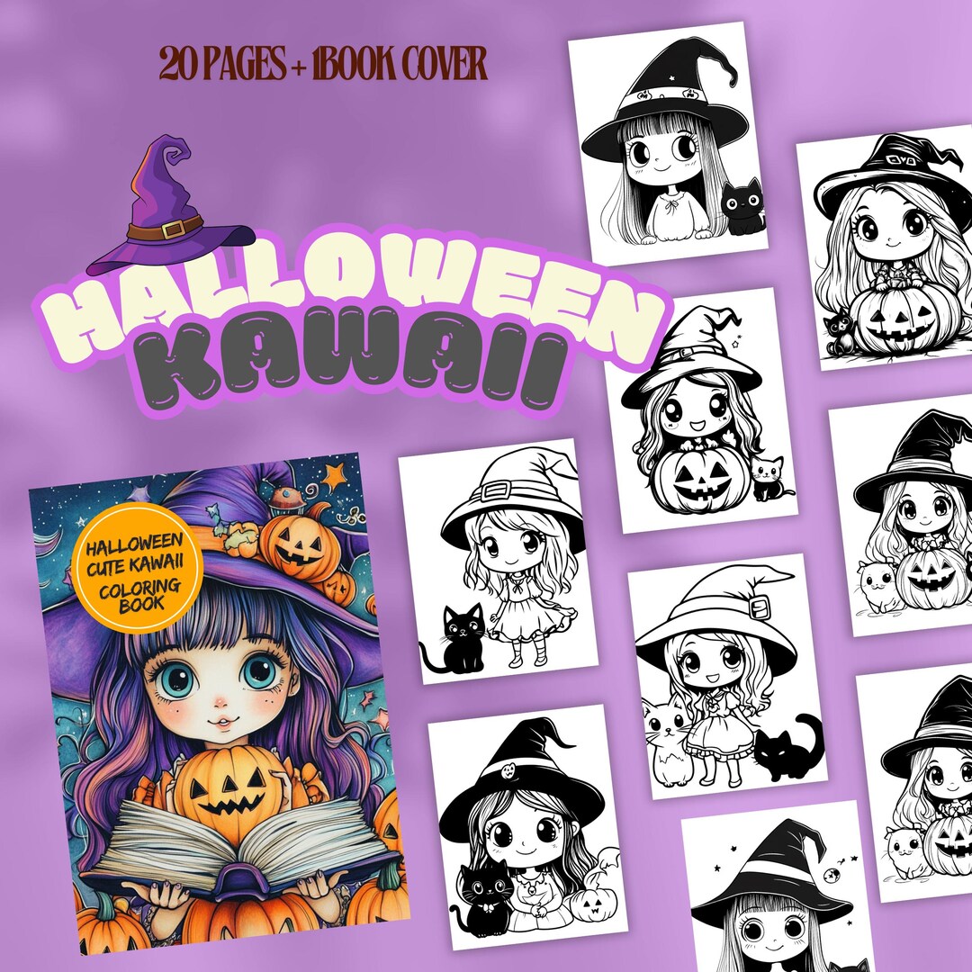 Kawaii Halloween Coloring Pages – Witch Girls, 20 Pages (PDF) - Etsy