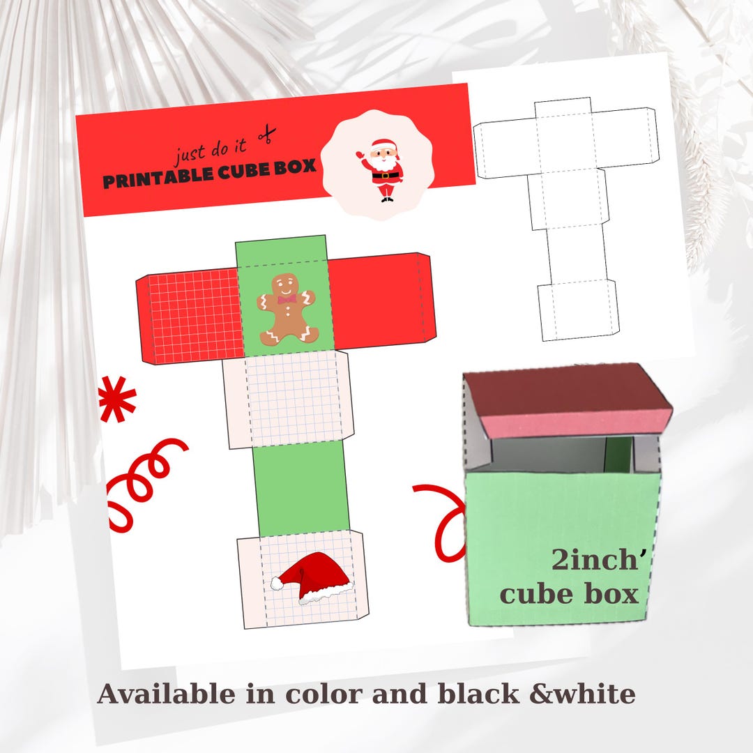 Christmas Printable Cube Box Template,christmas Themed Square Gift Box ...