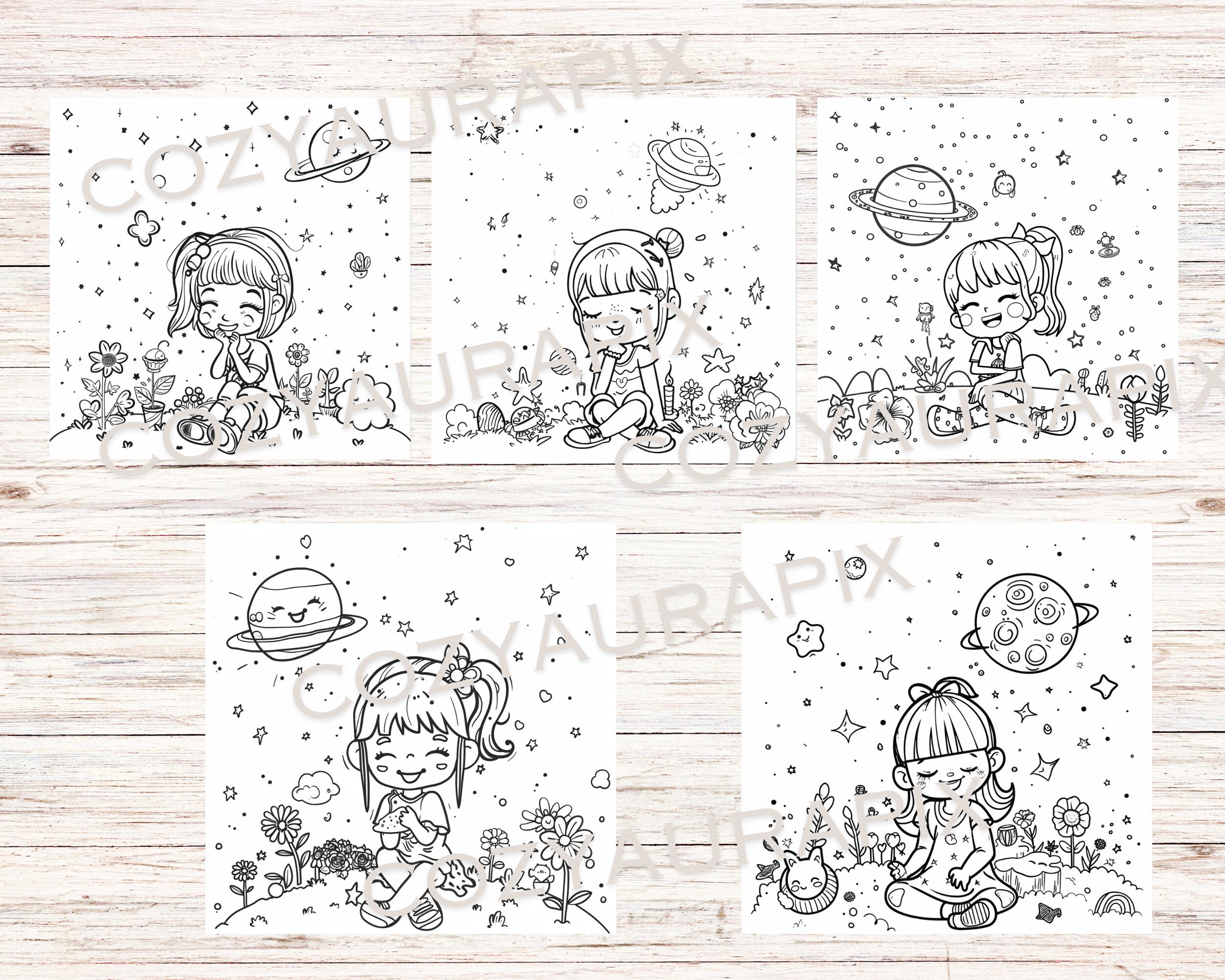 Kawaii Girl Coloring Pages - Fun Activity, 5 Designs (PDF) - Etsy