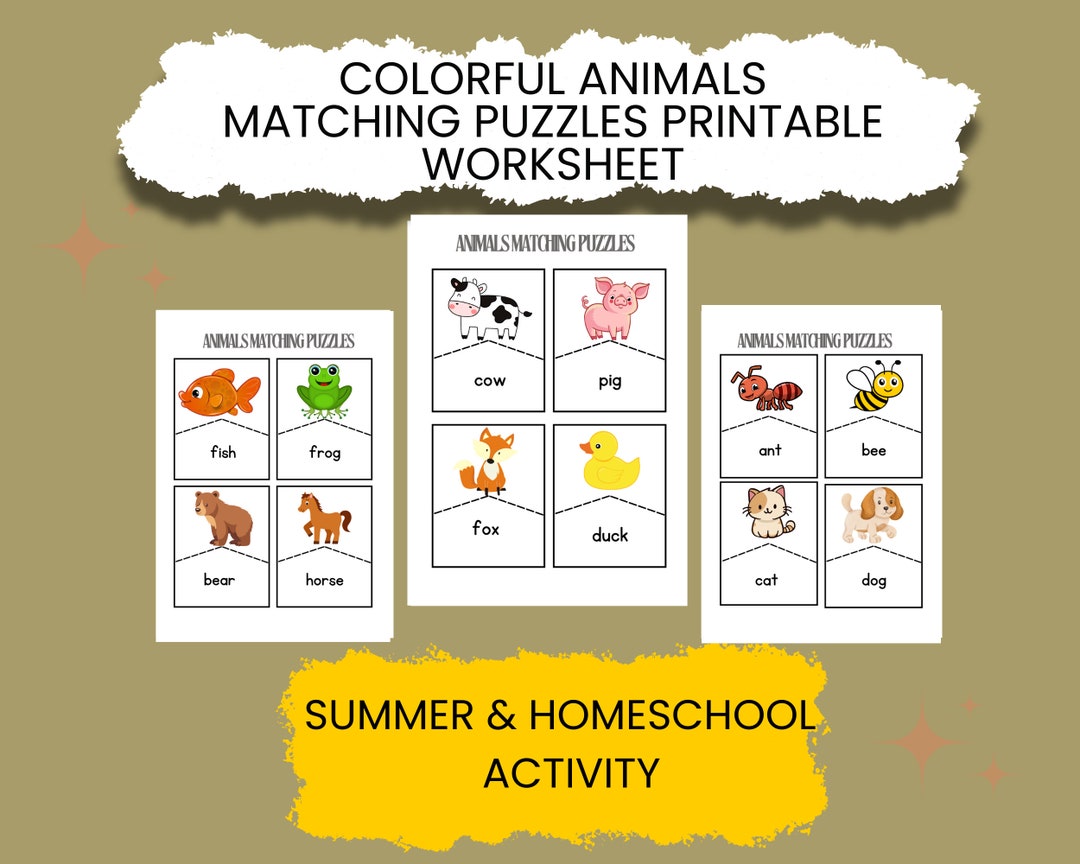 Animals Matching Puzzle Worksheets- Homeschool & Summer Game Fun - Fun ...