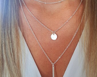 Engraved Triple Layer Necklace, Layered Necklace Set, Multi Layer Disc ...