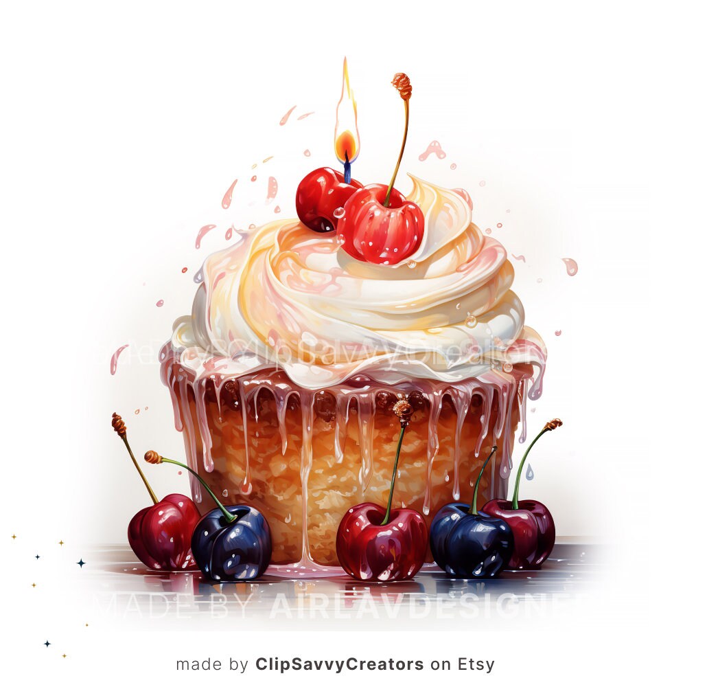 Watercolor Cupcakes Clipart Bundle Set of 7 JPG Designs for Card Making ...