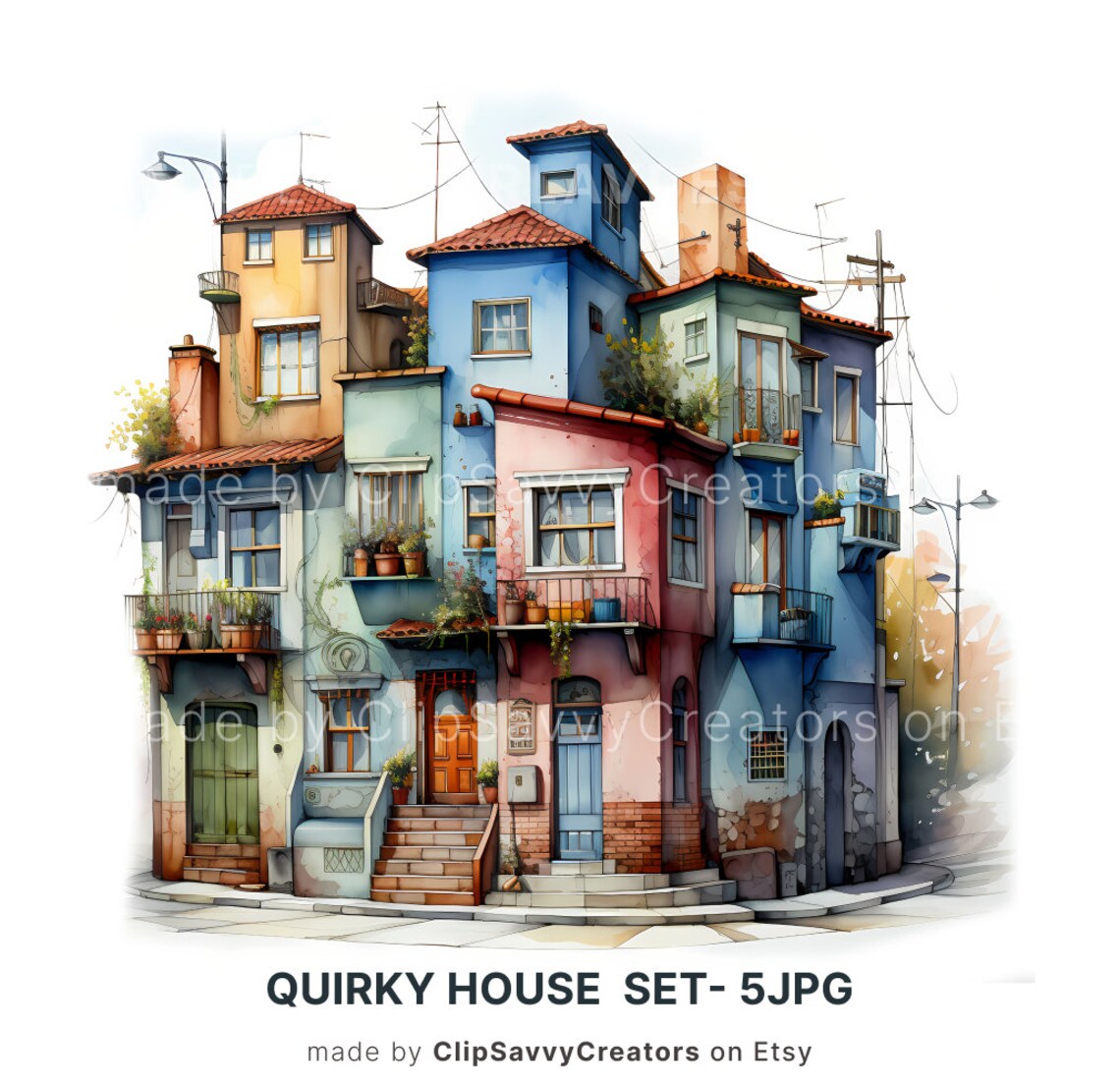 Quirky Houses Clipart 5 High Quality Jpgs, Digital Download, Junk ...