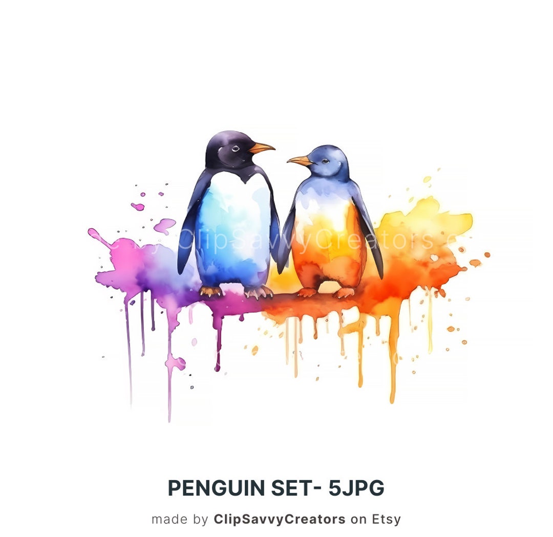 Adorable Penguin Clipart Set Watercolor, High Quality JPG, Printable ...
