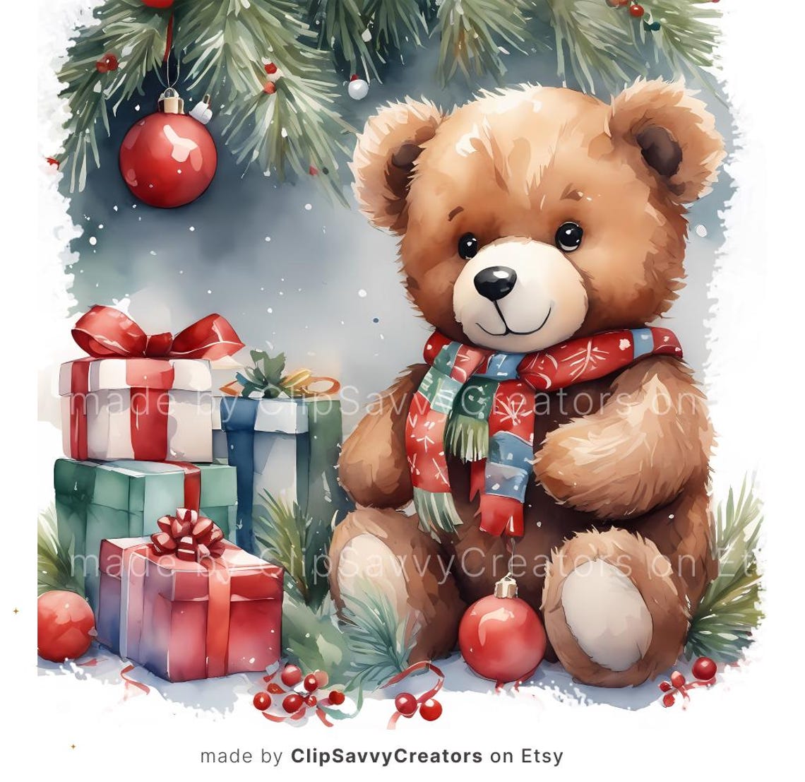 Christmas Bear Watercolor Clipart Collection Instant Digital Download ...