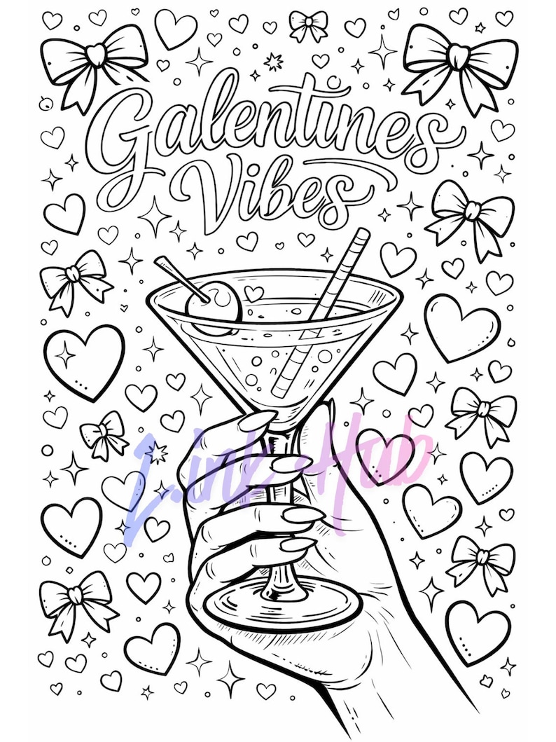 Galentine's Day Coloring Pages | Martini Illustration (PDF Download) - Etsy