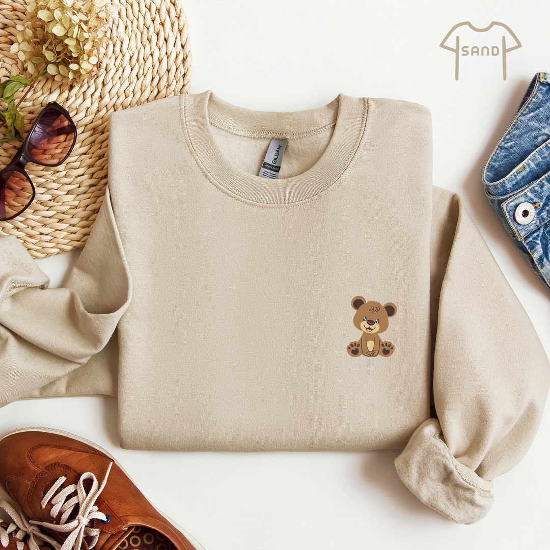 Embroidered Pocket Little Bear Sweatshirt, Cute Animal Crewneck Bear ...