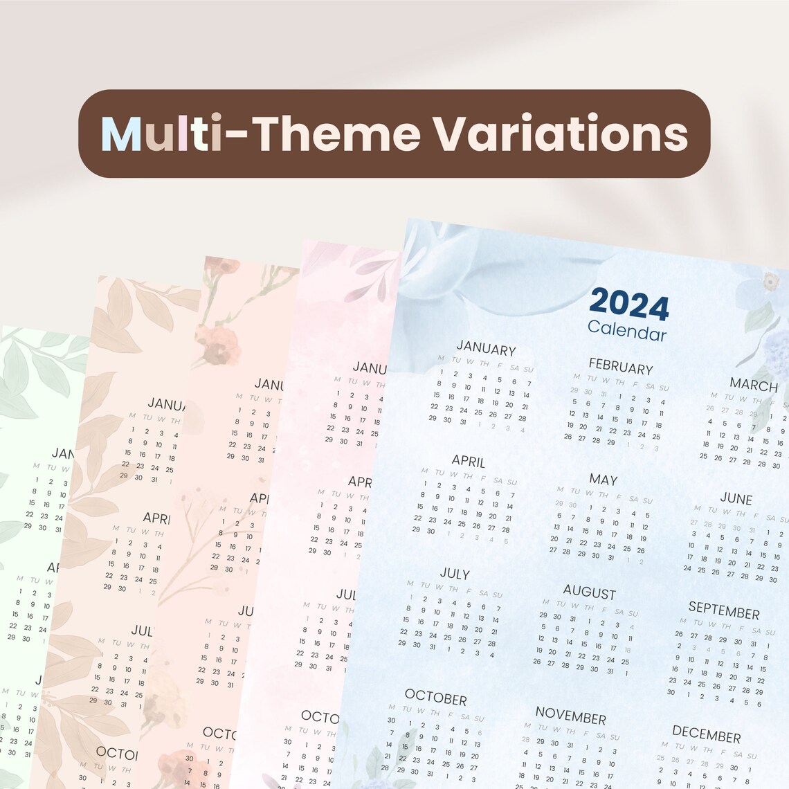 2024 Digital Calendar, Printable Yearly Calendar Sheet, Minimalist 2024 ...