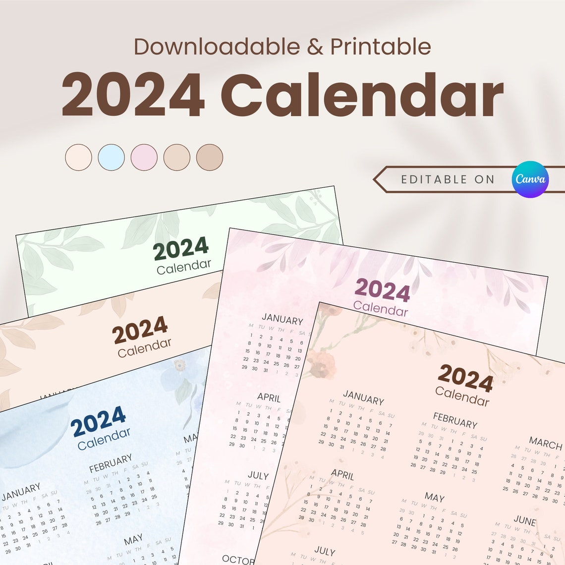 2024 Digital Calendar, Printable Yearly Calendar Sheet, Minimalist 2024 ...