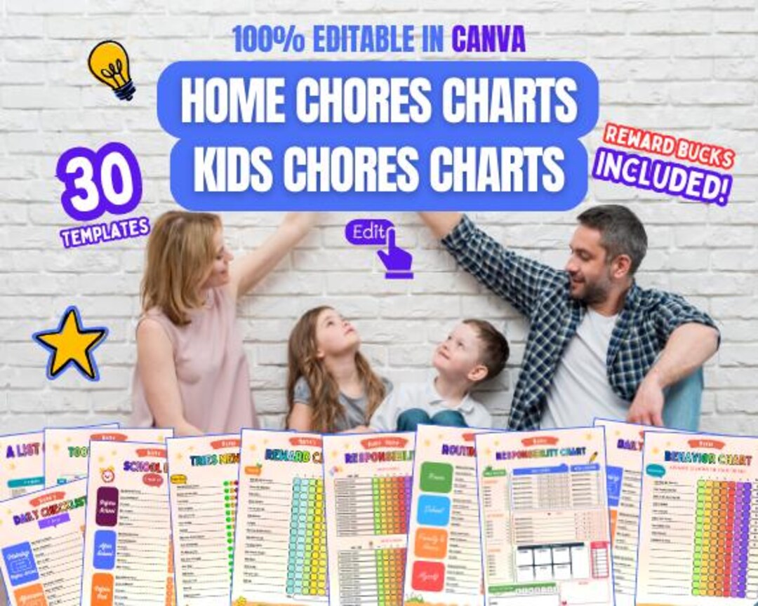 Home Chore Chart, Digital Chore Chart for Kids, Weekly Routine Editable ...