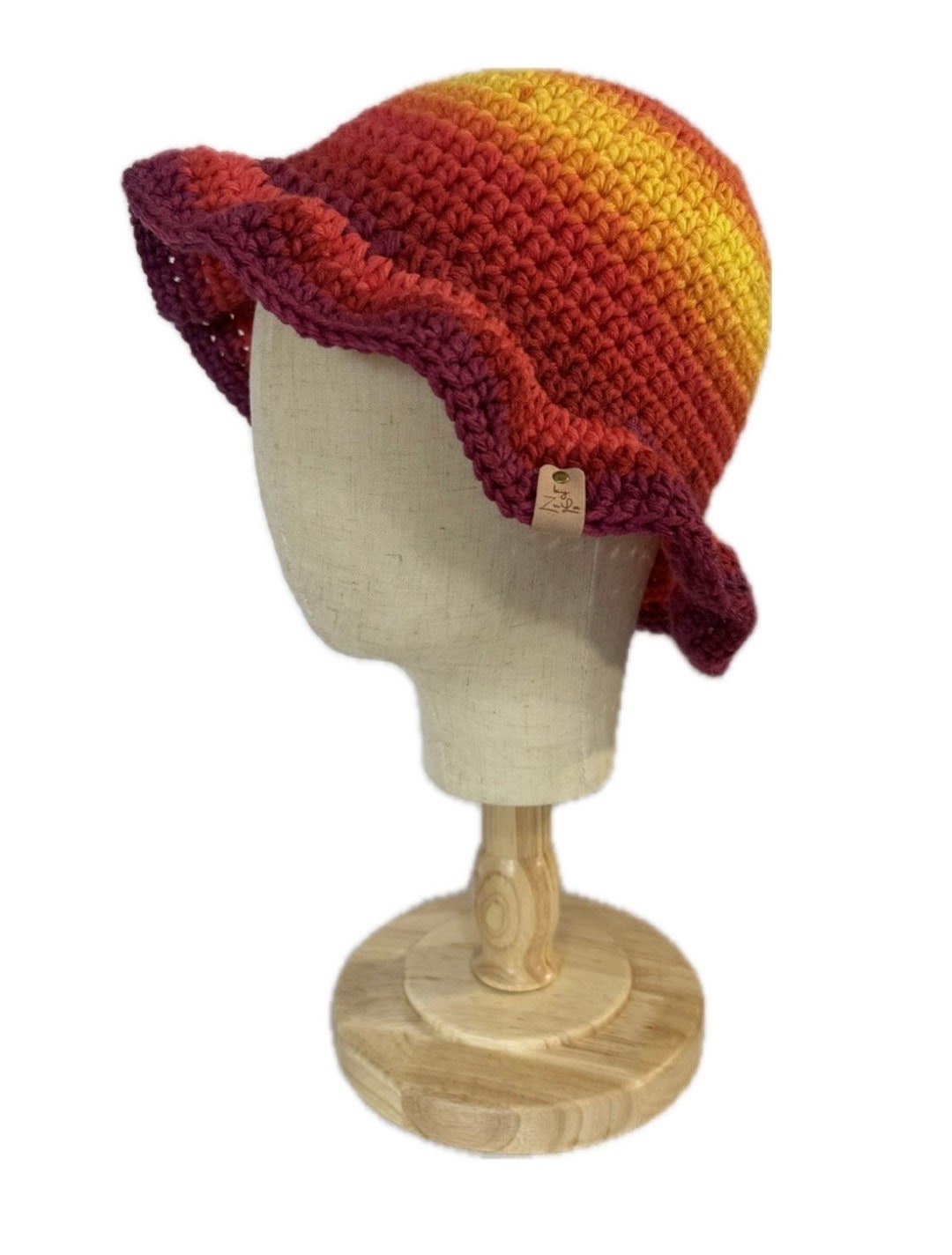Flounced Sunset Bucket Hat in a Variegated Yellow, Orange, Burgundy and ...