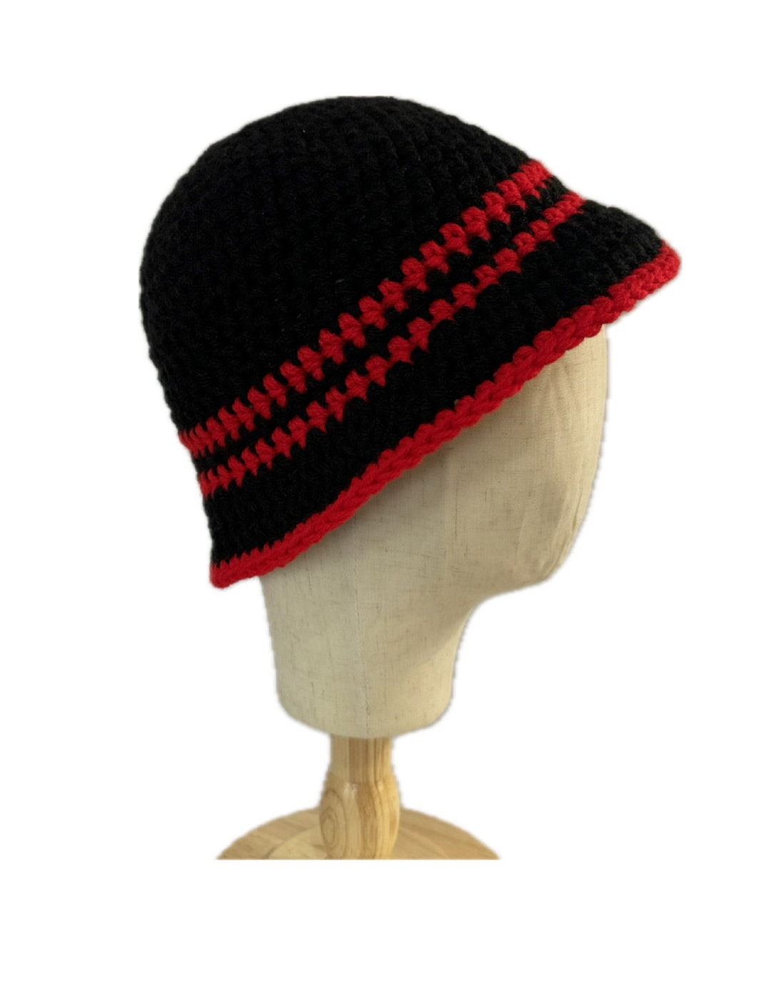 Crocheted Bucket Hat in Black With Red Stripes - Size Regular - Etsy