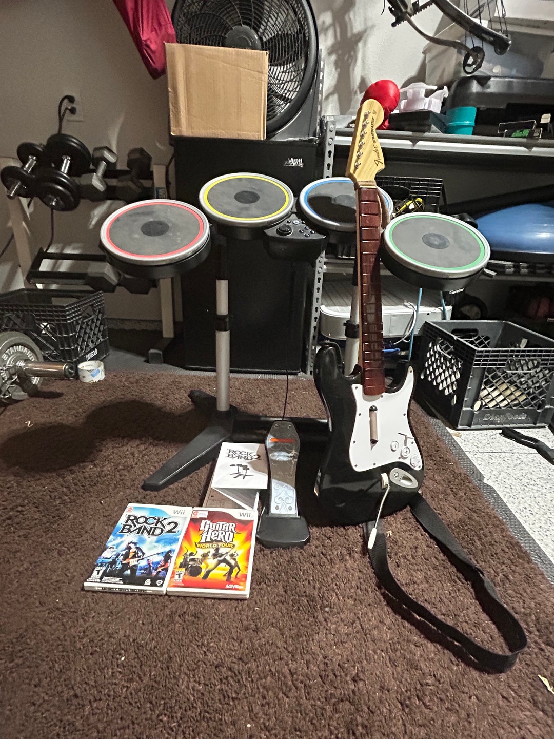 Wii Rockband Drum Set W/fender Guitar, Pedal, Drum Sticks & 2 Games No ...