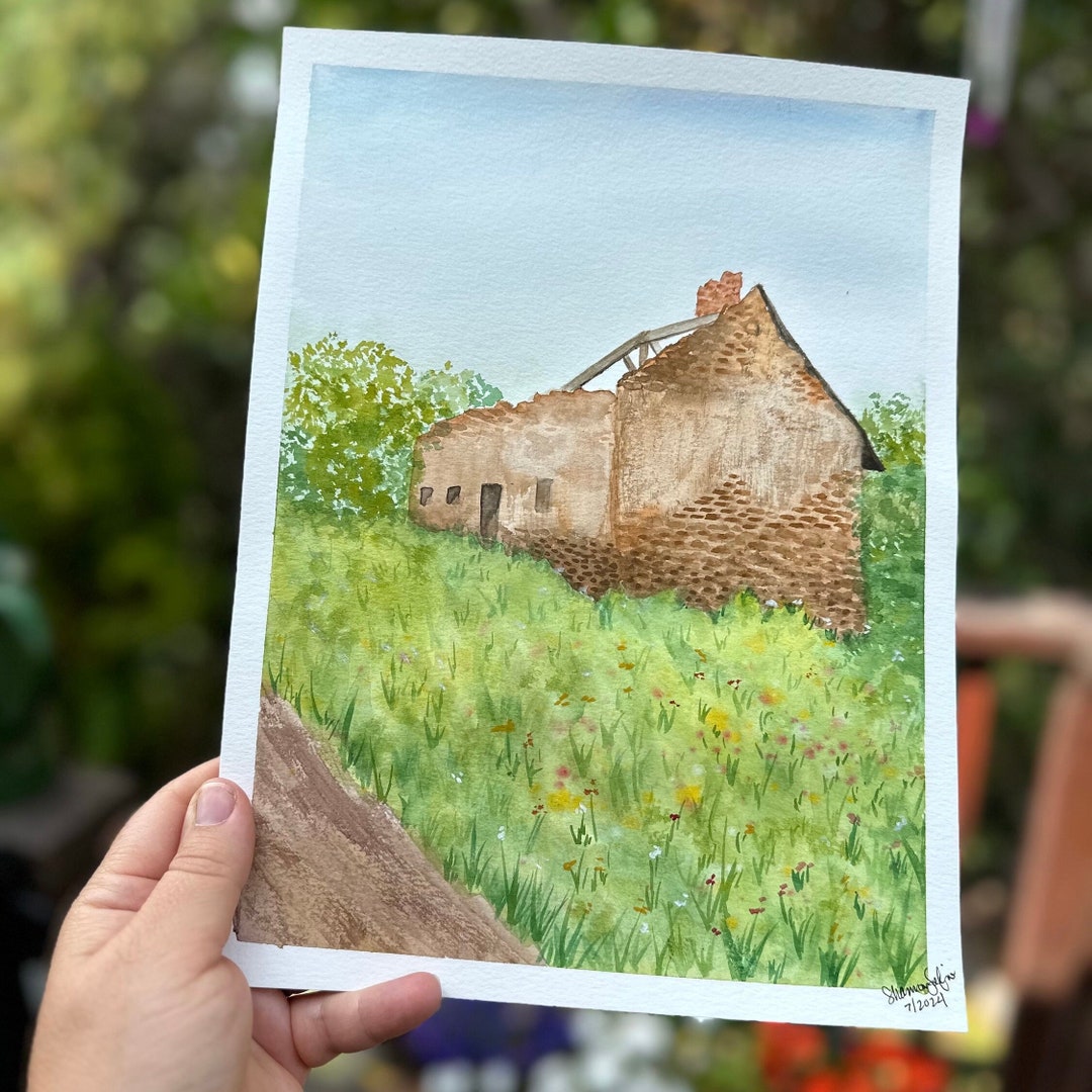 Spring Cottage Core Decor, Old Cottage Watercolor Painting, Farmhouse ...