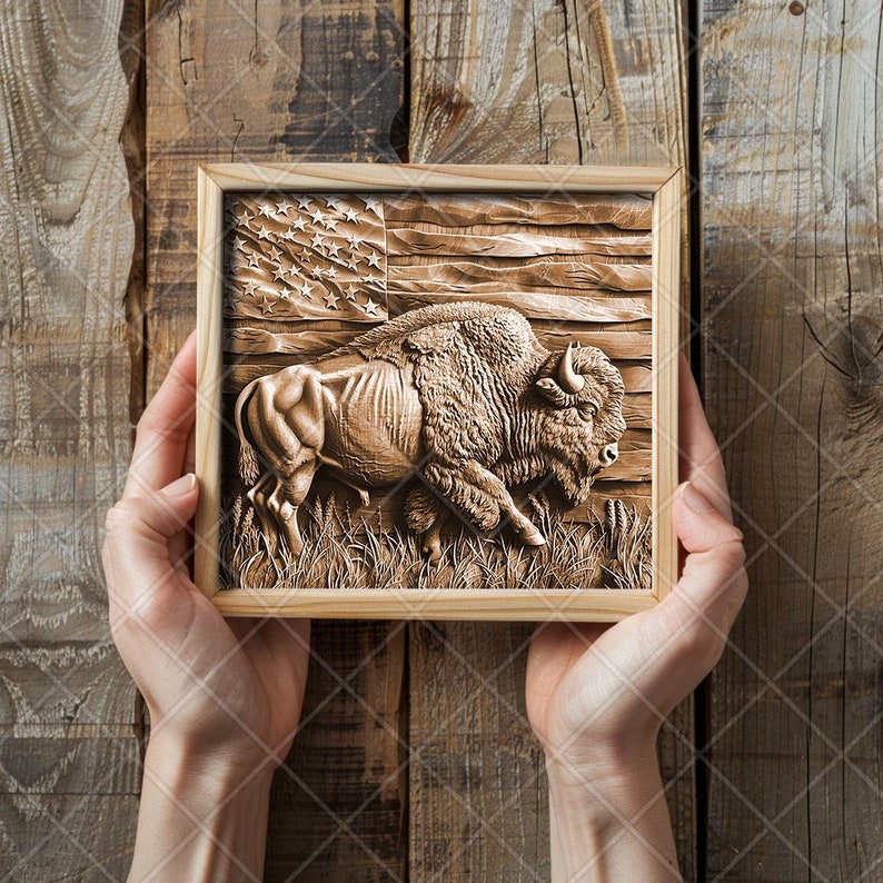 Bison Bull Buffalo Grassland Wildlife American Flag 3d Laser File ...
