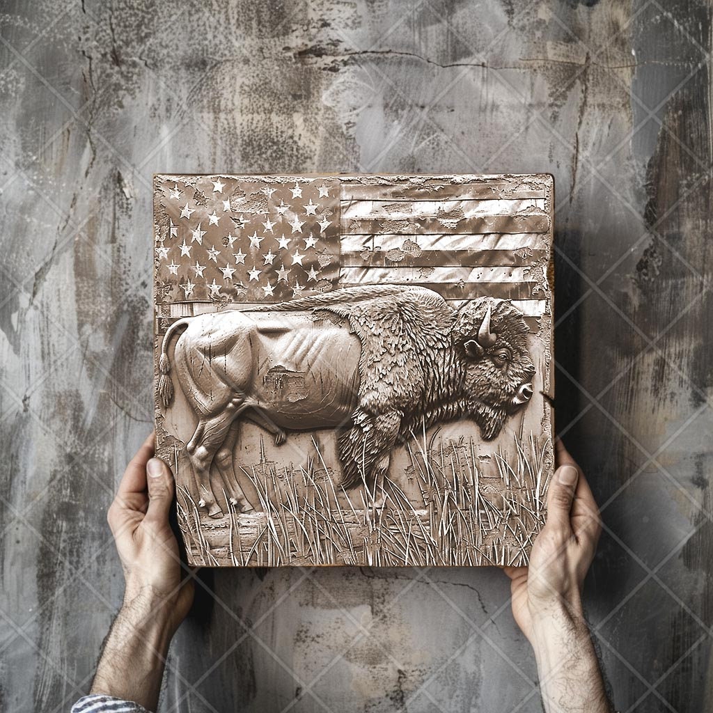 Bison Bull Buffalo Grassland Wildlife American Flag 3d Laser File ...