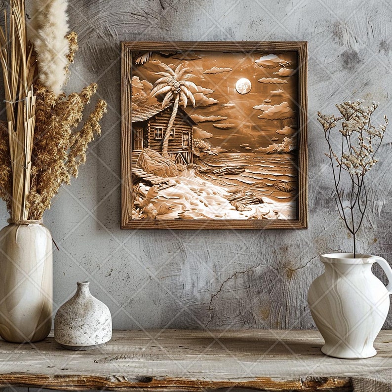 Rustic Log Cabin Beach Shore Coastal Cottage Palm Tree 3d Laser File ...