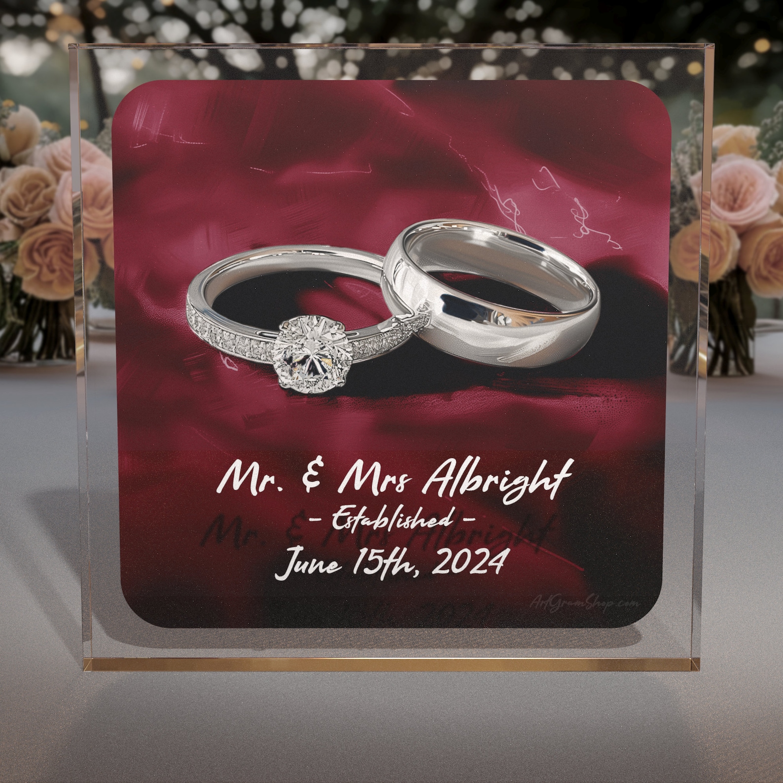Personalized Wedding Gifts WEDDING RINGS on SATIN Tabletop Art Print W ...