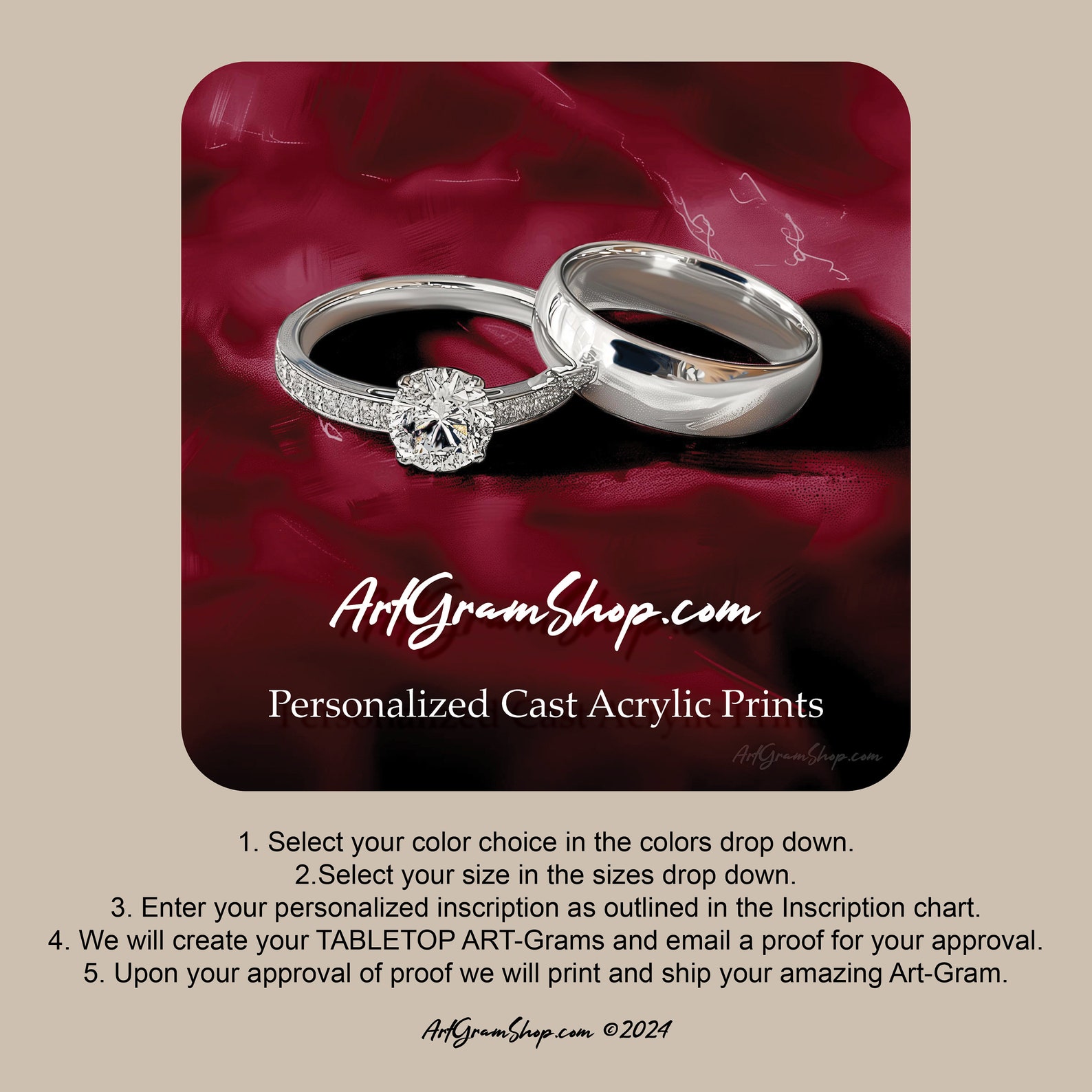 Personalized Wedding Gifts WEDDING RINGS on SATIN Tabletop Art Print W ...