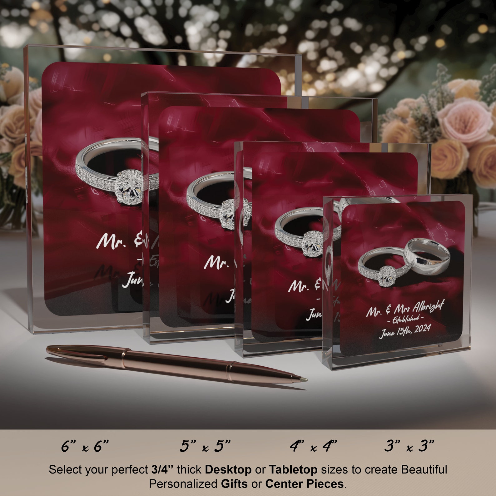 Personalized Wedding Gifts WEDDING RINGS on SATIN Tabletop Art Print W ...