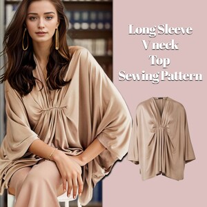 Long Sleeve V Neck Top Sewing Pattern, Wide Sleeve Blouse Pattern, Size ...