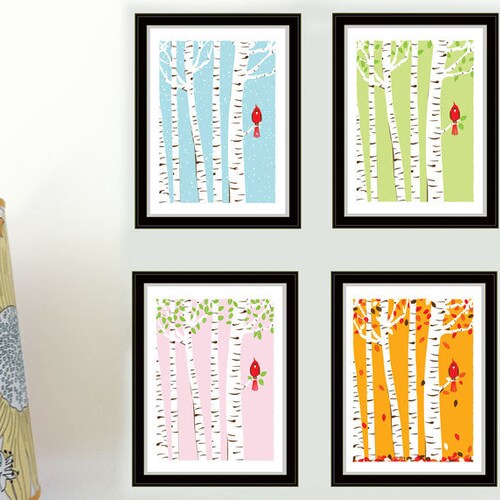 Screenprint Poster Set Cardinal Bird Seasons & Birch Trees - Etsy