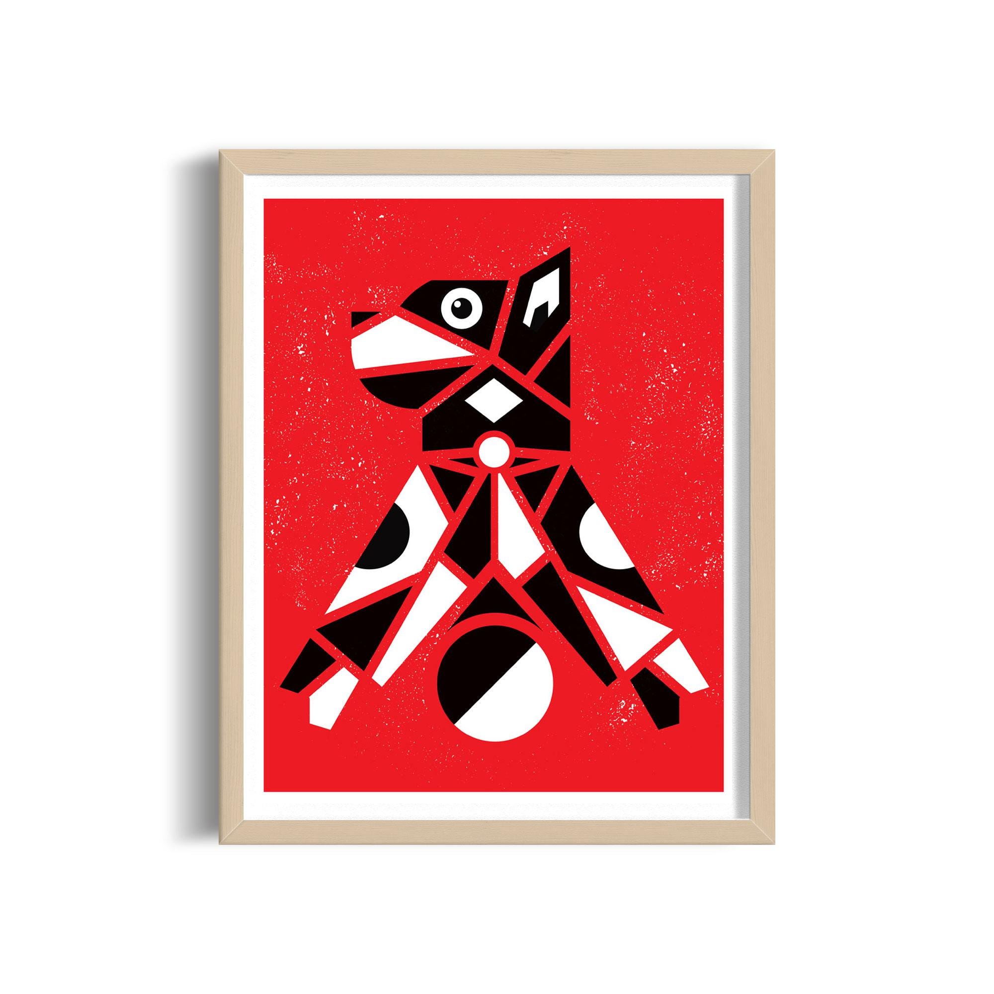Screenprint Dog Art Print Poster - Let's Play, Happy Dog Playing Ball ...
