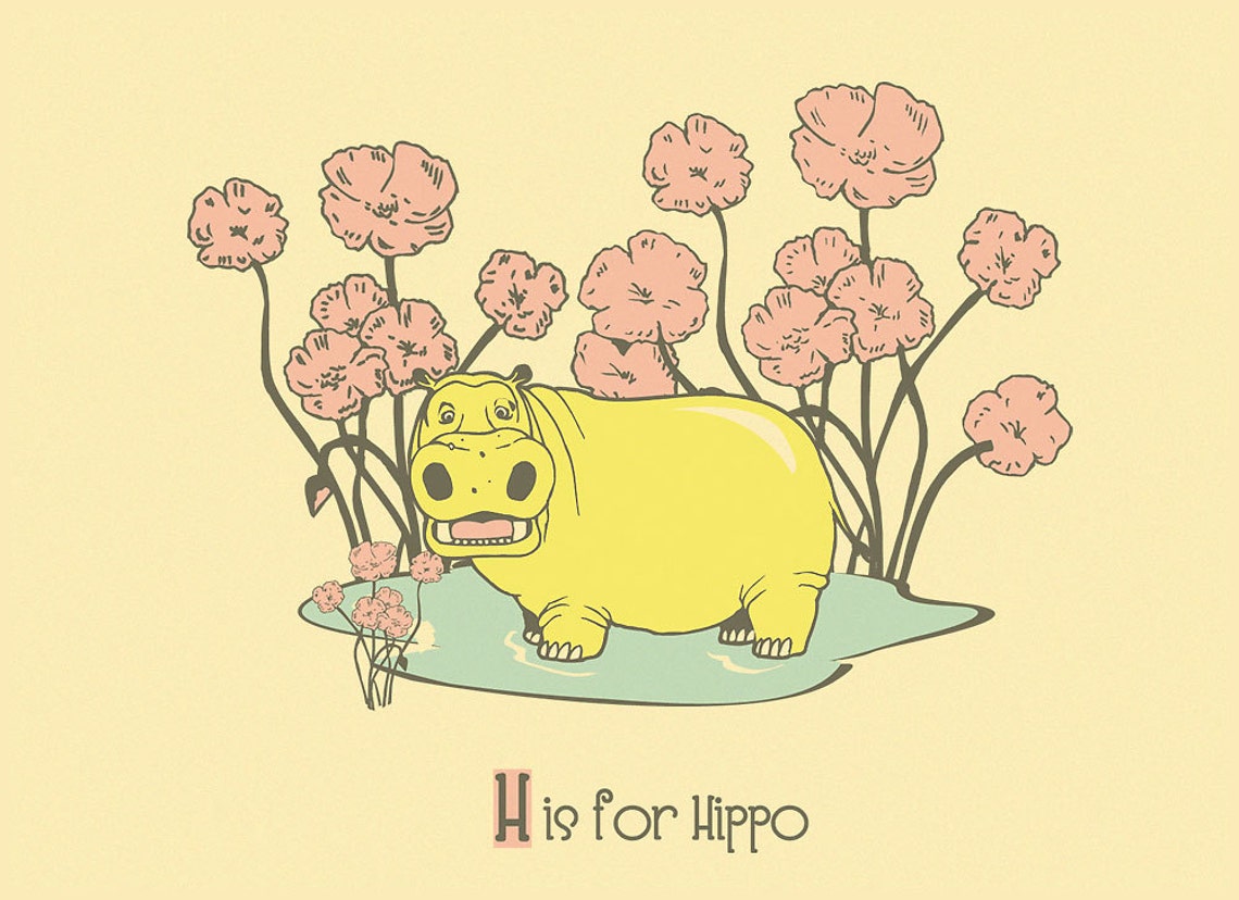 H is for Hippo Wall Art Screenprint - Alphabet Print Nursery Art ...