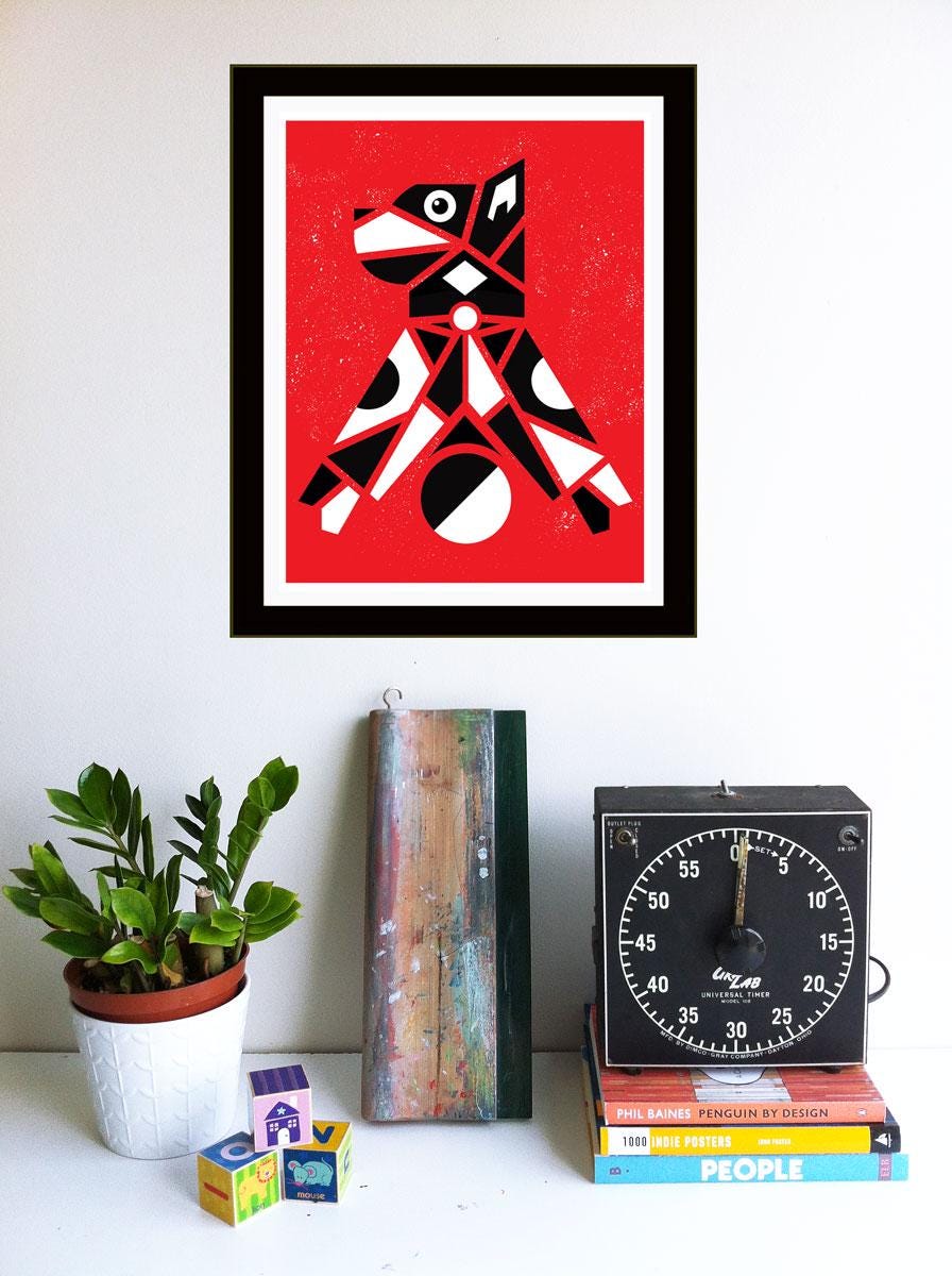 Screenprint Dog Art Print Poster - Let's Play, Happy Dog Playing Ball ...
