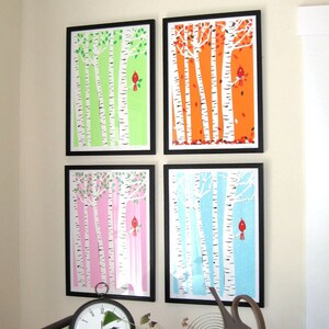 Screenprint Spring Cardinal Art Print - Modern Birch Trees Cardinal Red ...