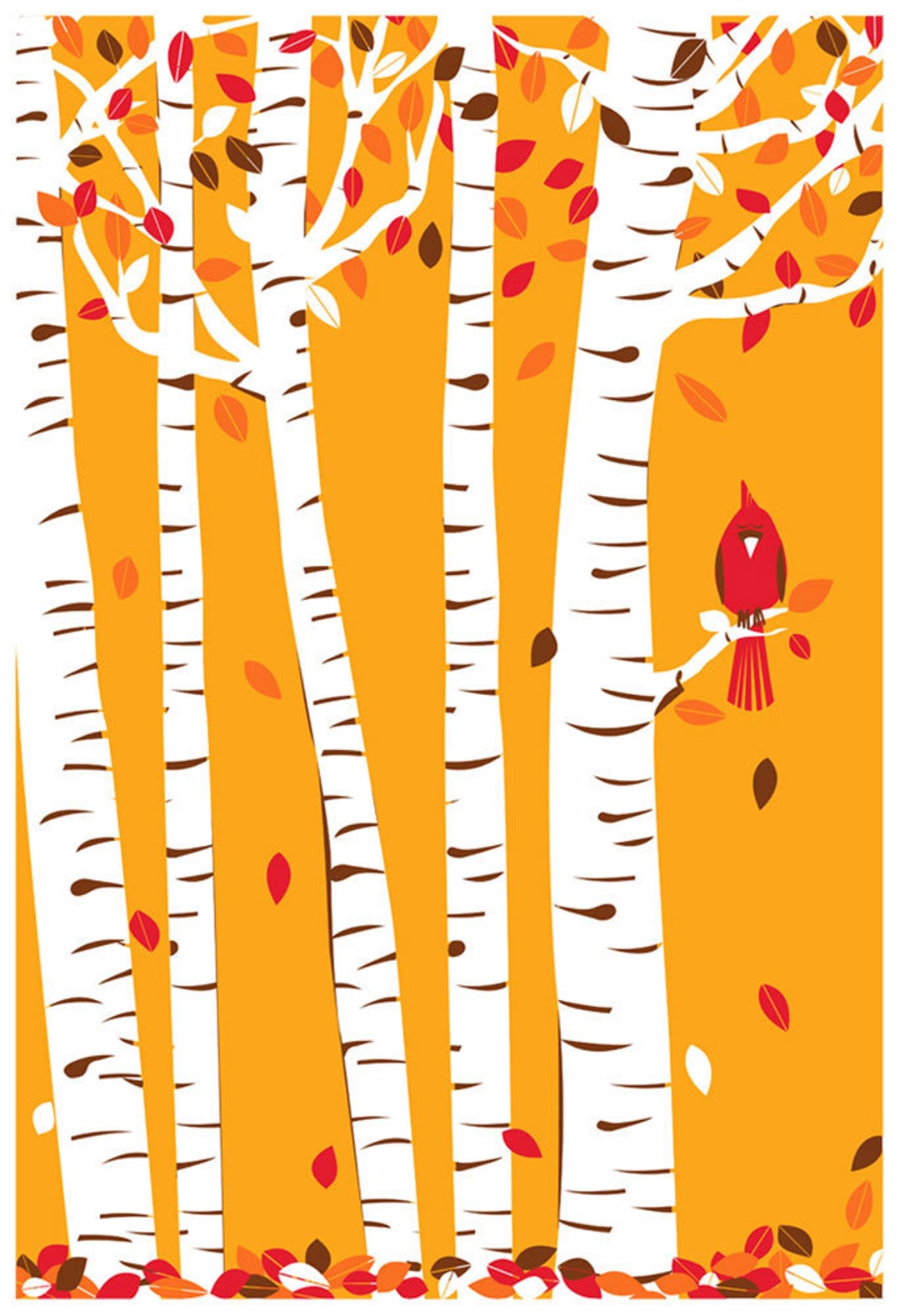 Autumn Cardinal Print - Screenprint Bird Art Print Poster - Fall Birch ...