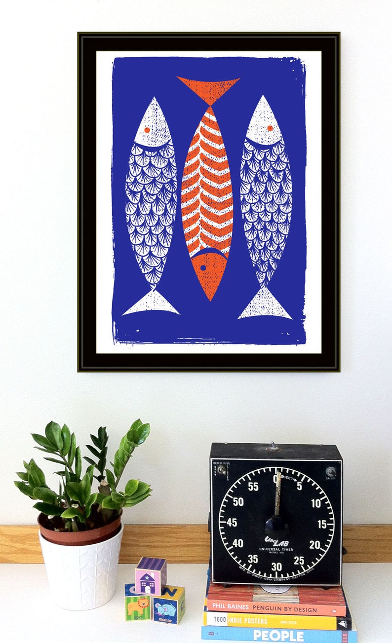 3 Fish Screenprint Art Print Modern Art Scandinavian Style - Mid ...
