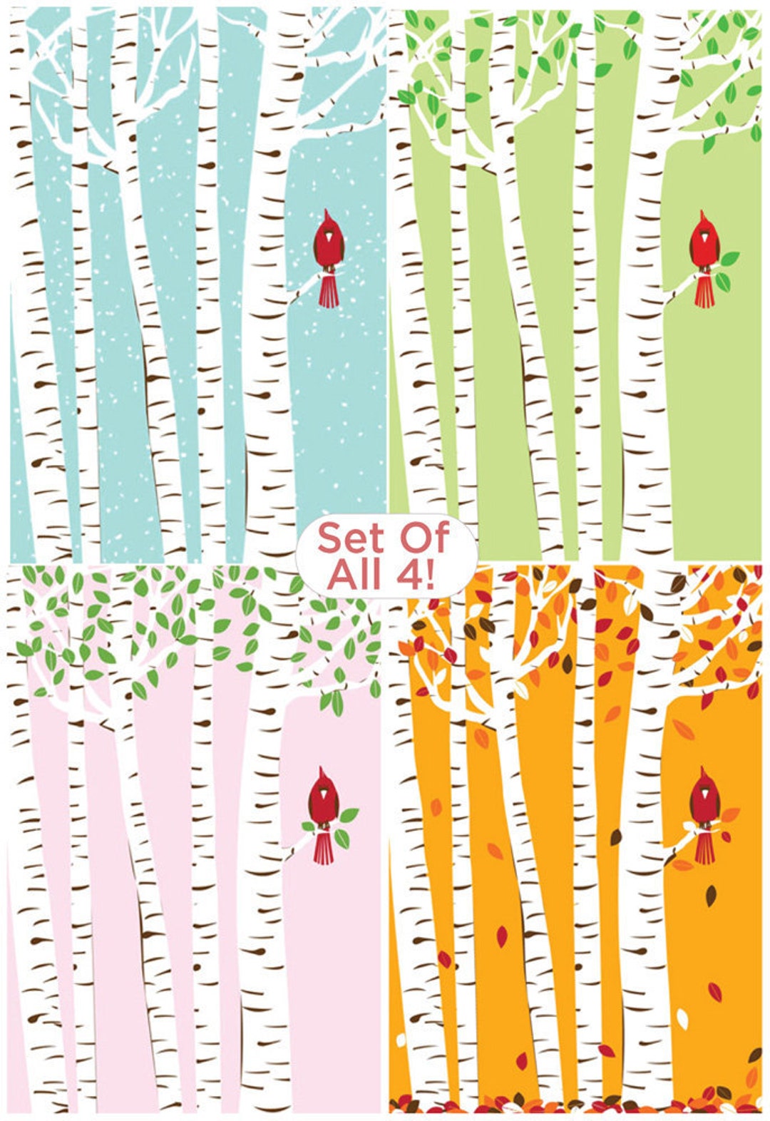 Screenprint Poster Set Cardinal Bird Seasons & Birch Trees Art Print ...