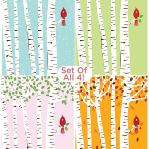 Screenprint Poster Set Cardinal Bird Seasons & Birch Trees Art Print ...