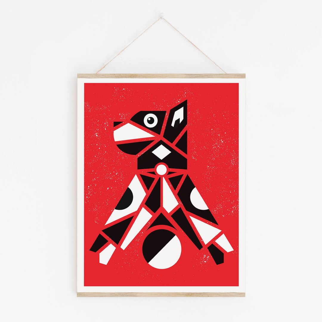 Screenprint Dog Art Print Poster - Let's Play, Happy Dog Playing Ball ...