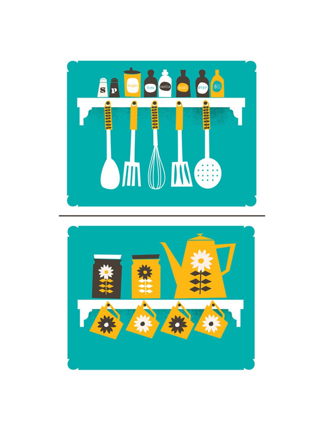 Kitchen Art - Kitchen Print Set Coffee Art & Spices Kitchen Shelves ...